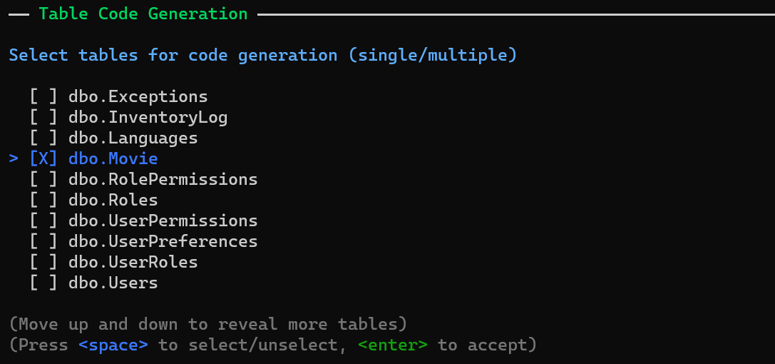 Generating Code for Movie Table - Serenity Guide
