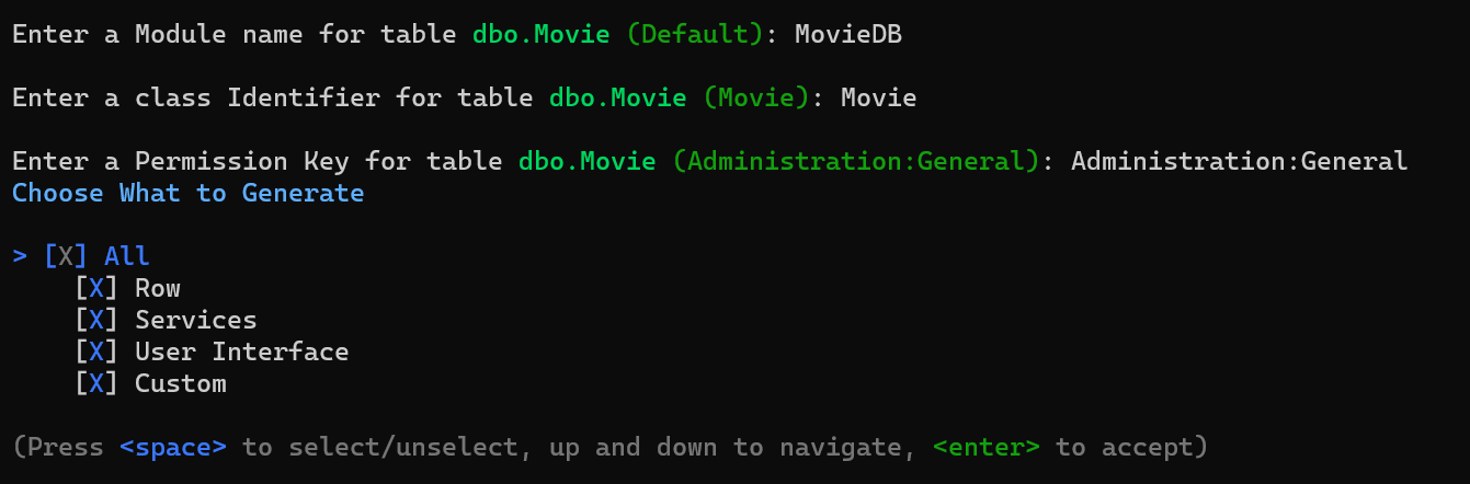 Generating Code for Movie Table - Serenity Guide